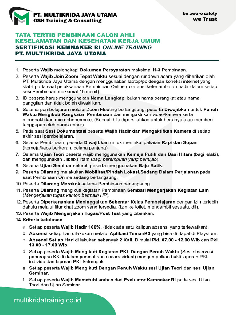 Tata Tertib Pembinaan Calon Ahli Keselamatan Dan Kesehatan Kerja Umum | PDF