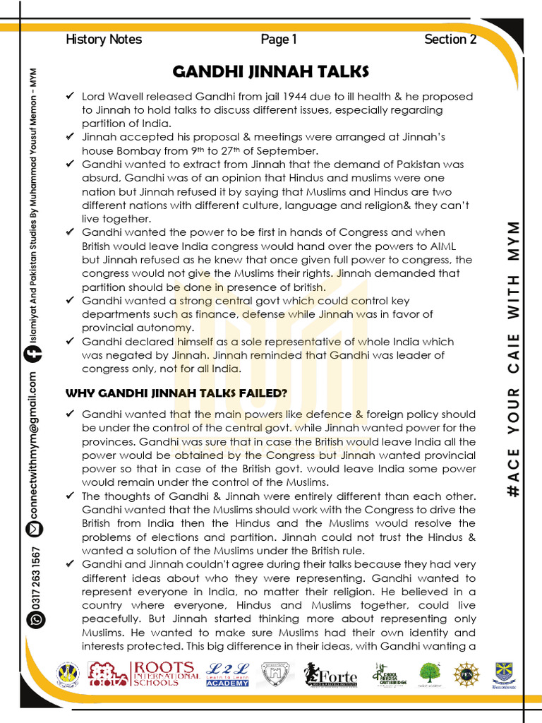 Gandhi Jinnah Talks Notes and Solved Past Papers 2023-24 | PDF ...