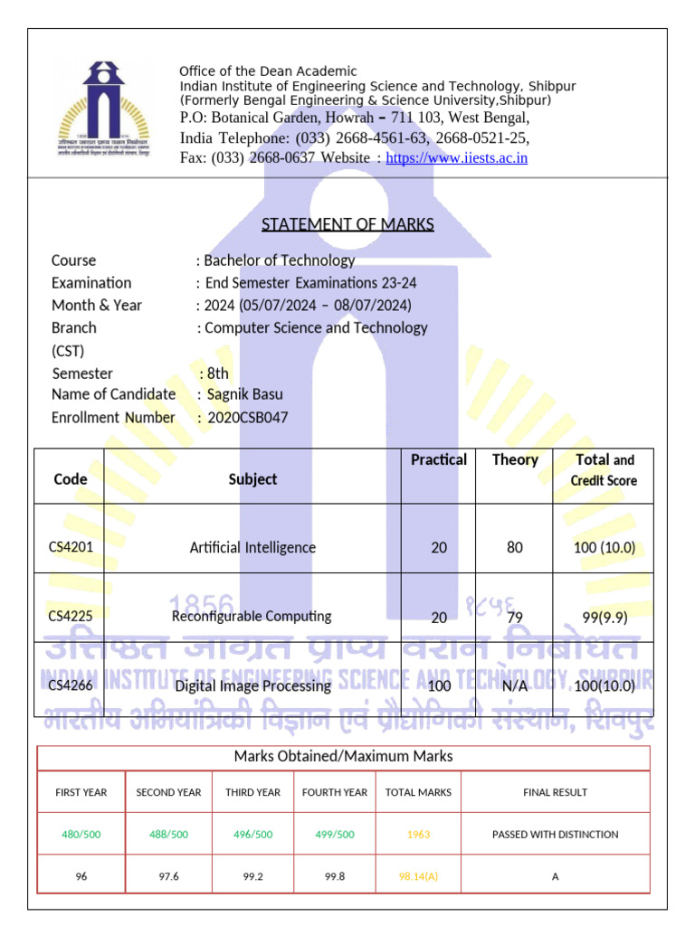 B.Tech Marks Statement - IIEST Shibpur | PDF | Educational Stages