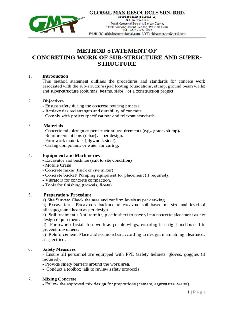 Method Statement Concreting Work | PDF | Concrete | Building Engineering