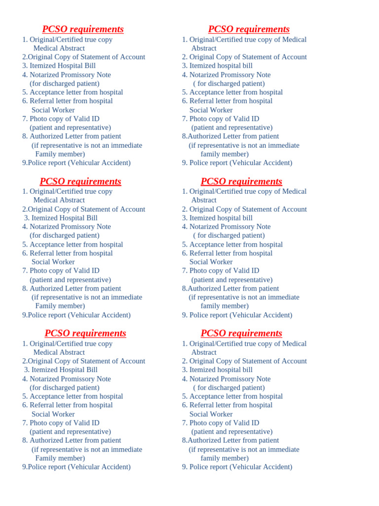 PCSO - List of Requirements | PDF | Health Care | Social Programs
