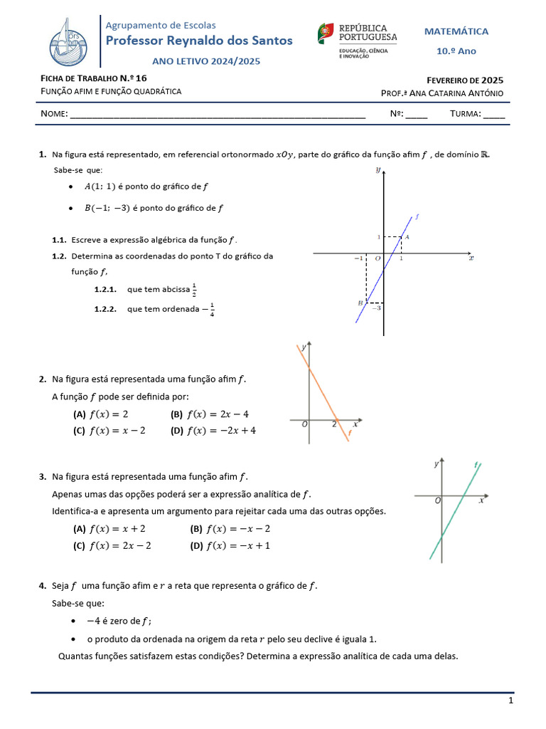 15 - Ficha de Trabalho Nº16 - Função Afim e Quadrática | PDF | Função ...