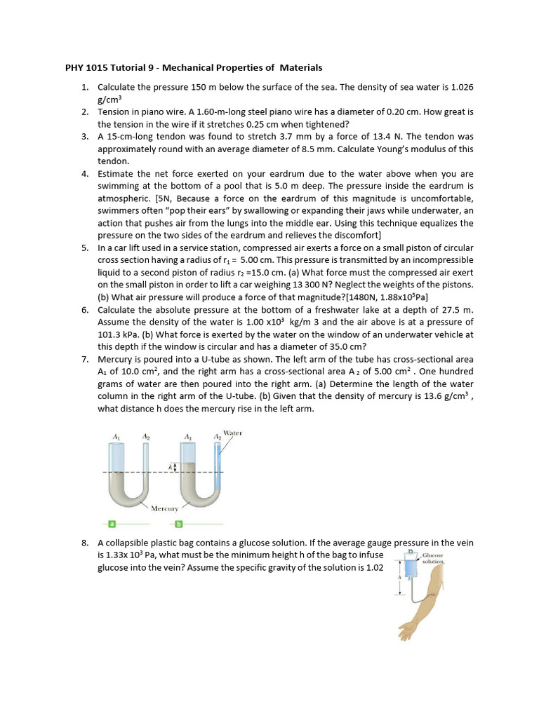 PHY 1015 Tutorial 9 - Mechanical Properties of Materials | PDF | Pressure | Density
