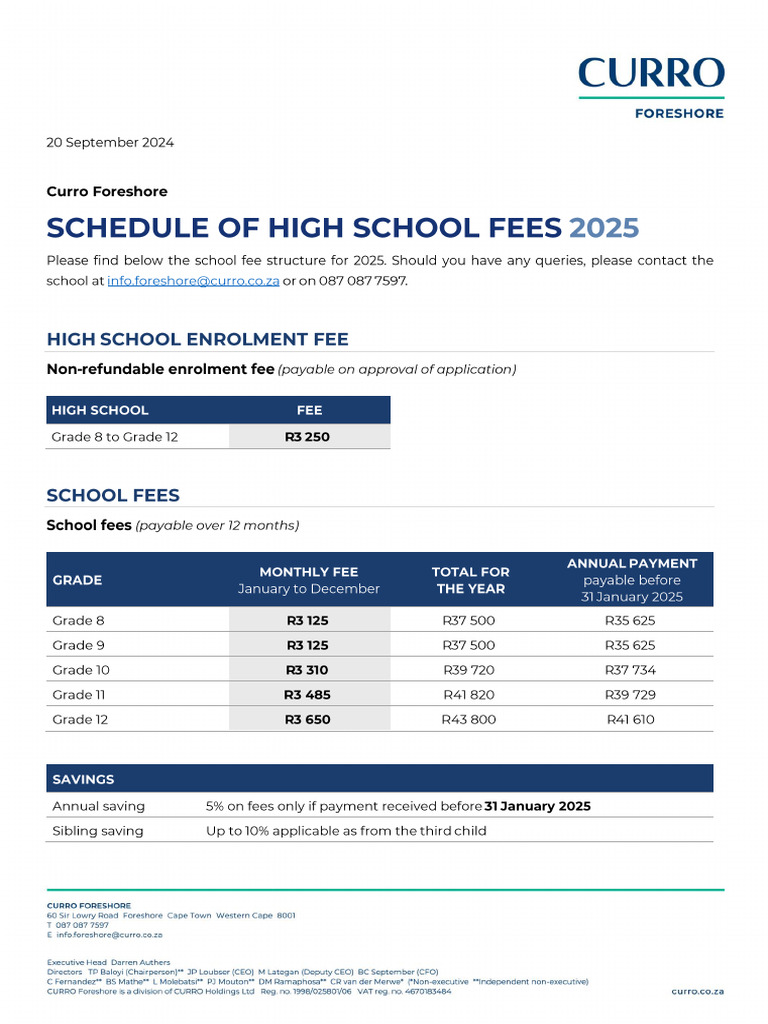Curro Foreshore 2025 High School Fee Letter Final for Web | PDF