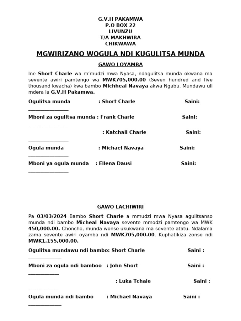 Sale Agreement for Land in Chikwawa | PDF