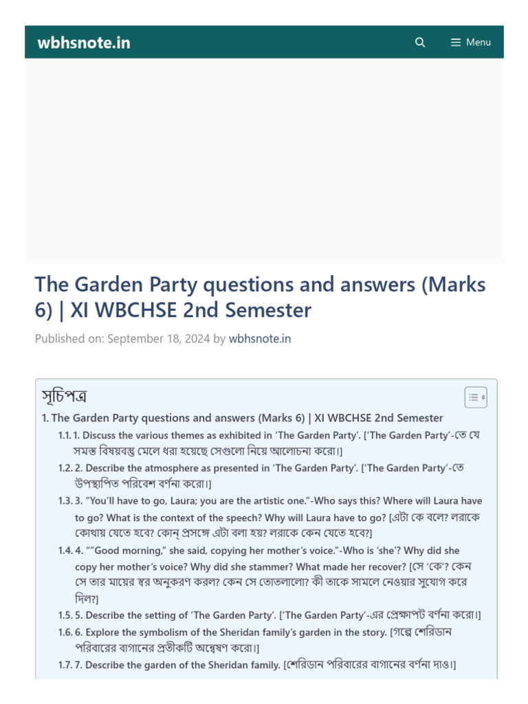 The Garden Party Questions and Answers (Marks 6) - XI WBCHSE 2nd ...