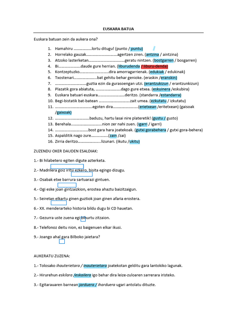 Euskara Batua Ariketak | PDF