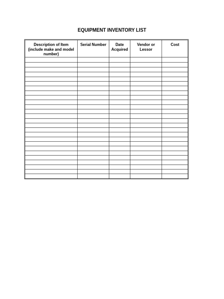 Equipment Inventory List Sample | PDF