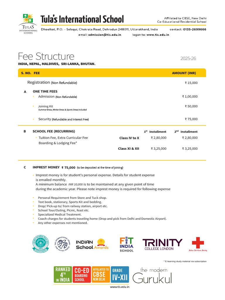 Tula's International School Fee Structure 2025-26 | PDF | Fee ...