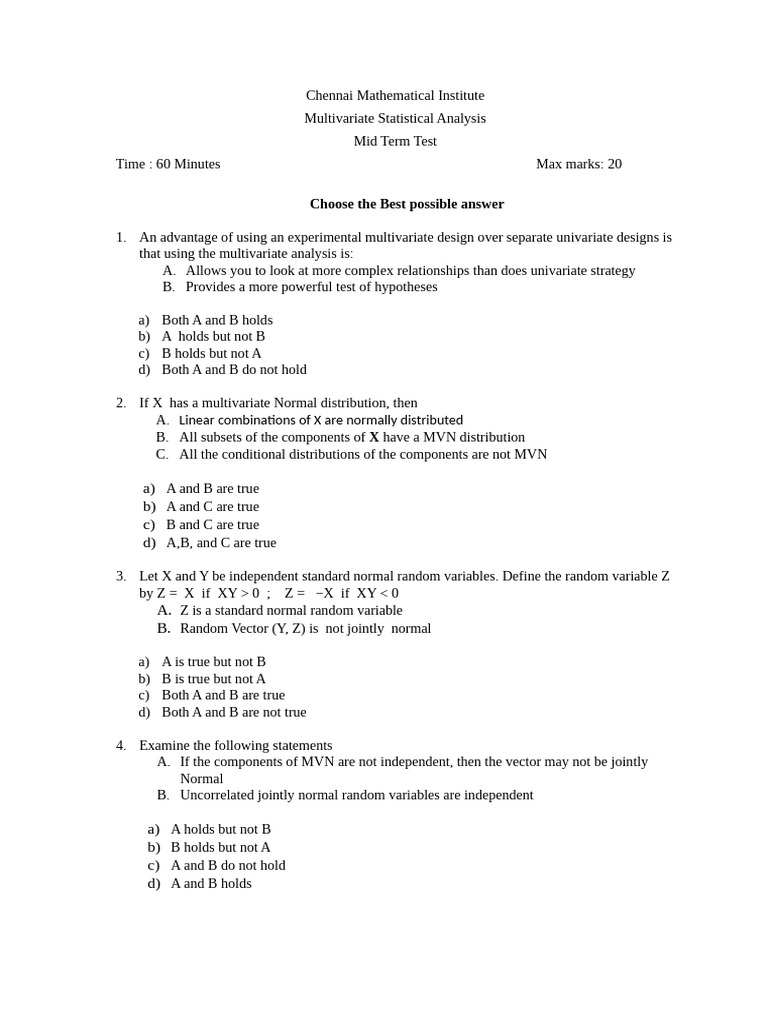 MCQ - MSA Test 1 2025 With Key | PDF | Normal Distribution ...