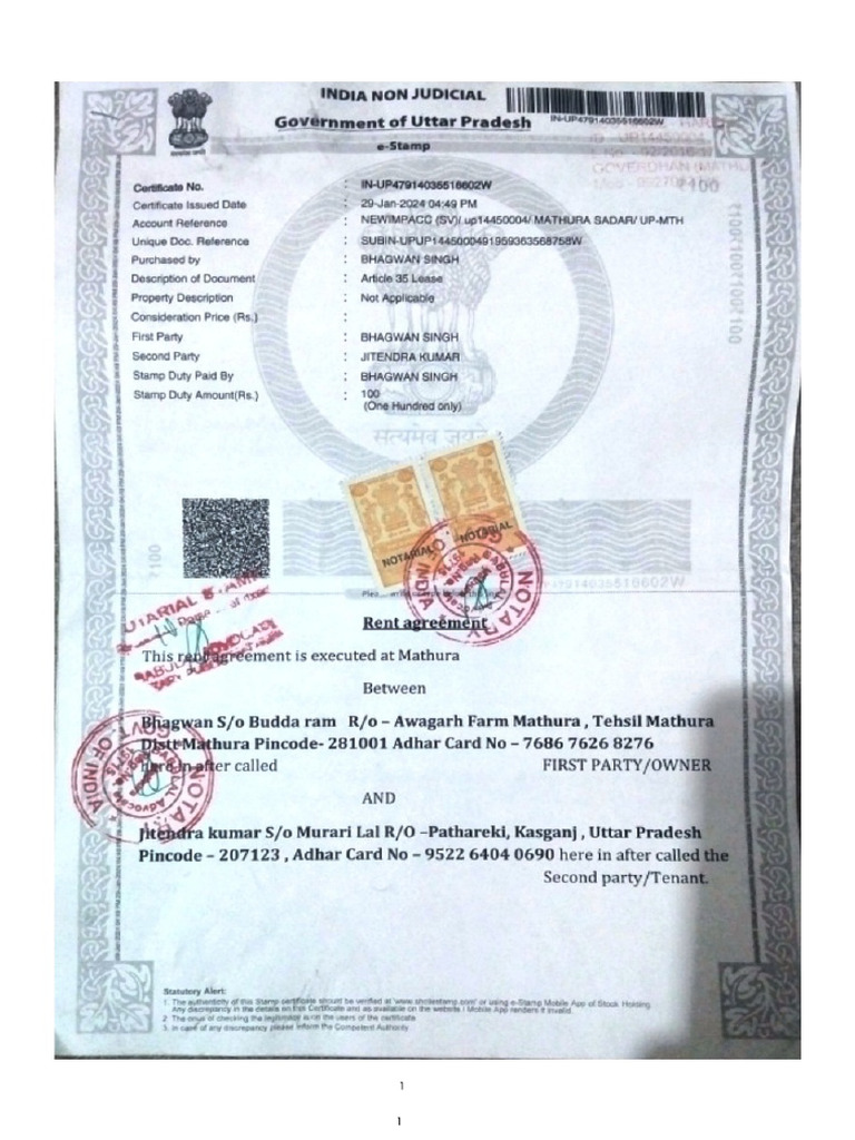 Rent Agreement of Jitendra Kumar | PDF