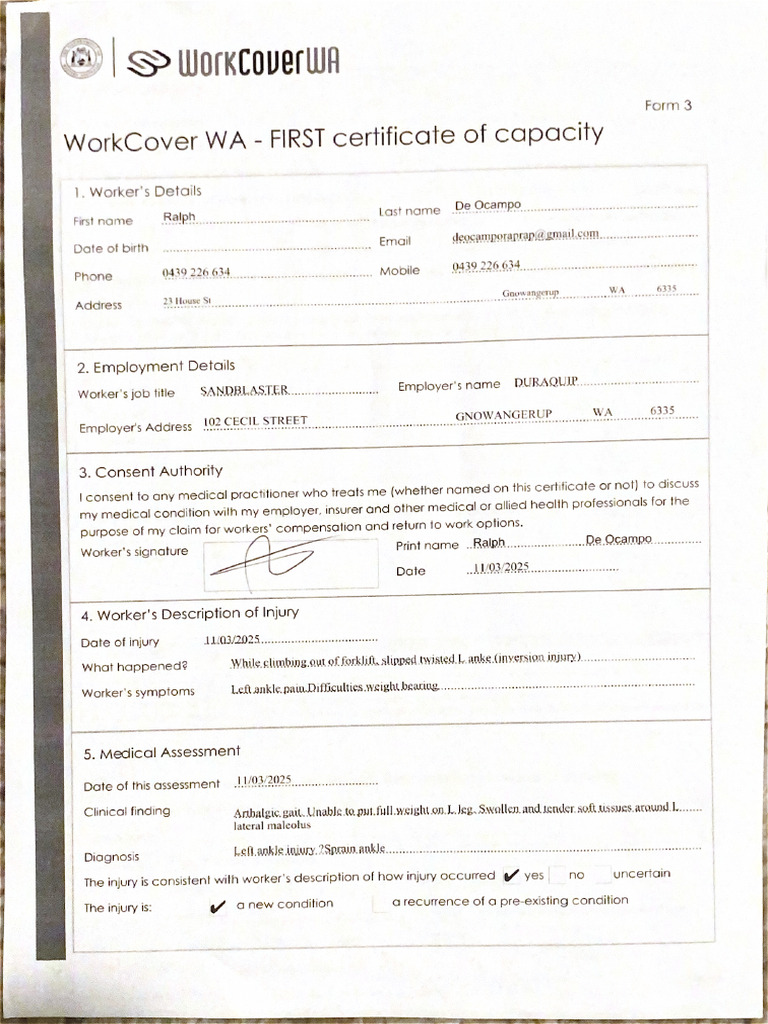 WorkCover WA - FIRST Certificate of Capacity | PDF