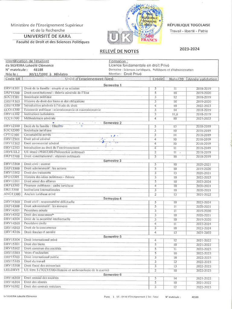 Releve de Note - 030253 | PDF