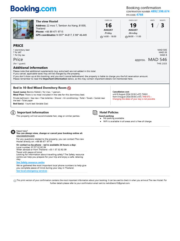Booking Confirmation for The View Hostel | PDF