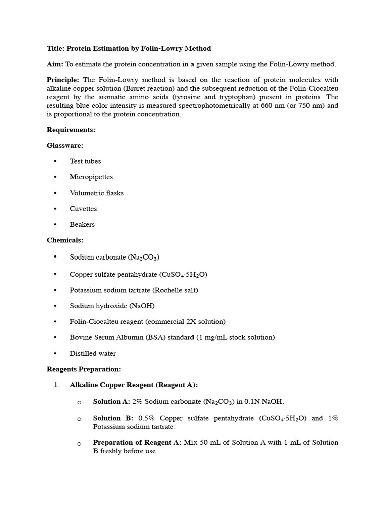 Folin-Lowry Protein Estimation Guide | PDF | Chemistry | Chemical Compounds