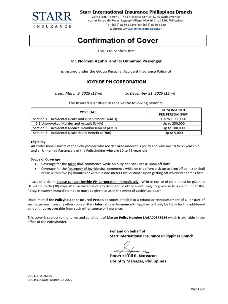 JOYRIDE INDIVIDUAL COC - Norman Aguho | PDF | Insurance | Service ...