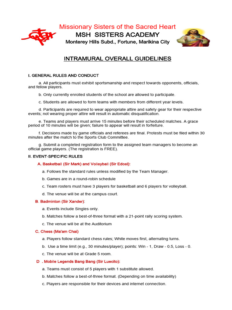 MSH Sisters Academy Intramural Guidelines | PDF | Sports