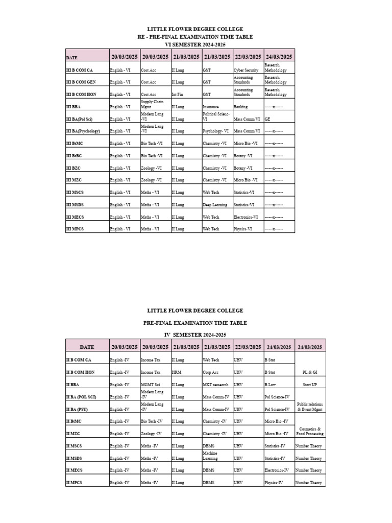 Pre-Final Exam Schedule 2024-2025 | PDF