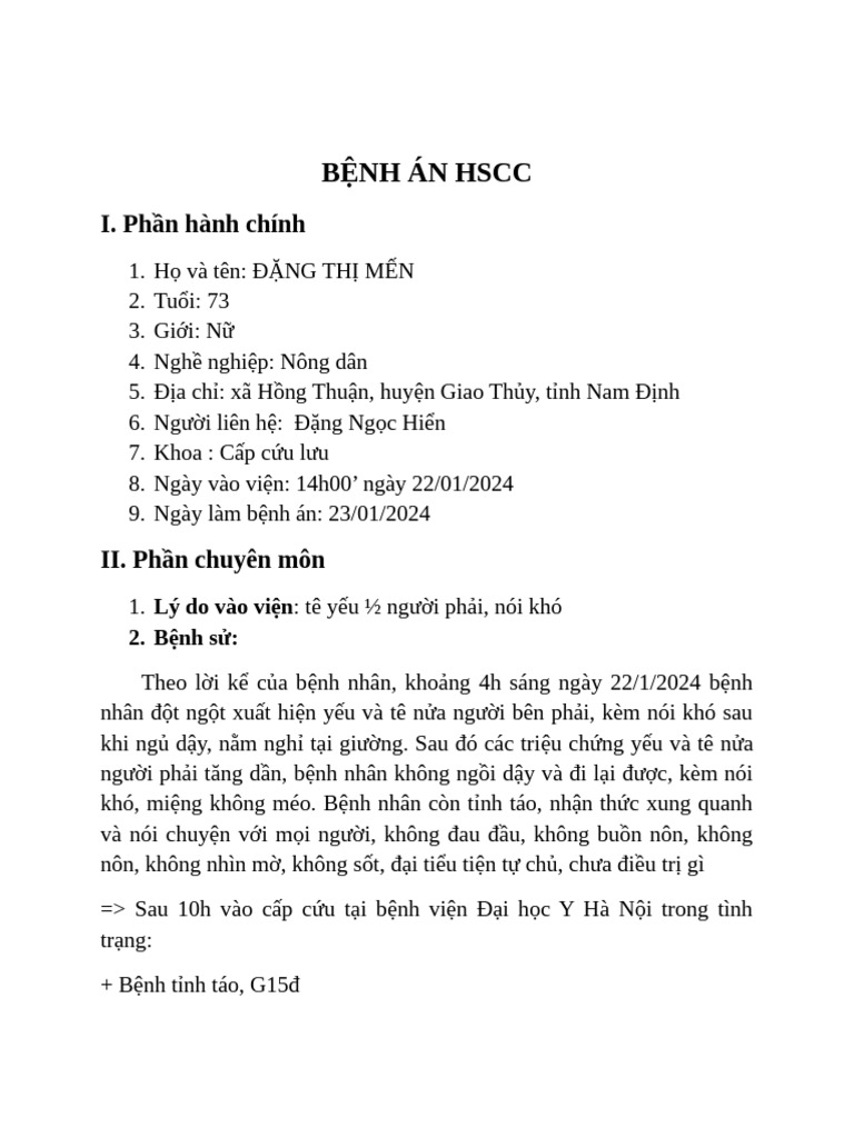 Bệnh Án Đột Quỵ - HSCC | PDF