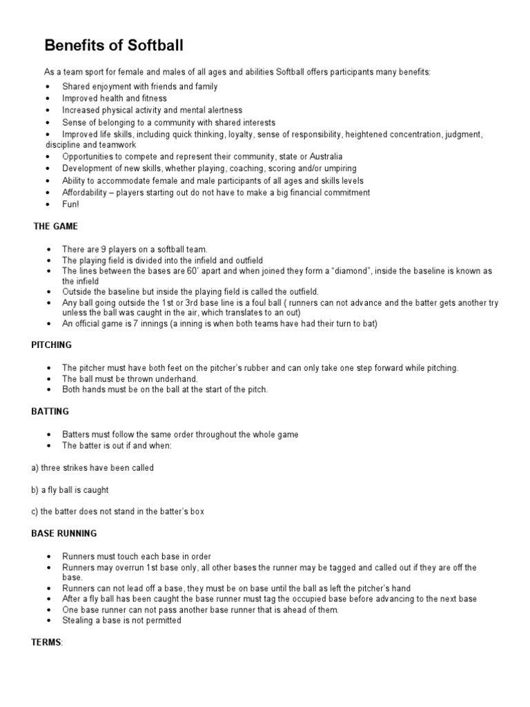 Benefits of Softball | PDF | Softball | Baseball Field