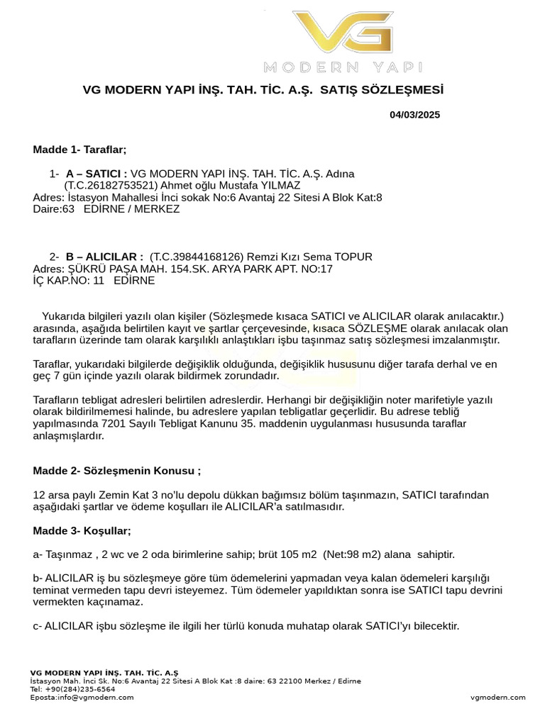 VG Modern Yapi İnş Sozleşme | PDF