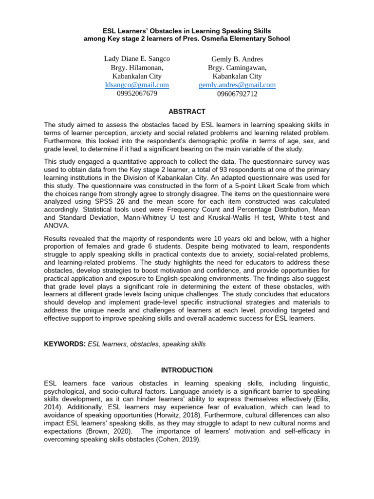 The Obstacles To Speaking English Among Learners | PDF | English As A ...