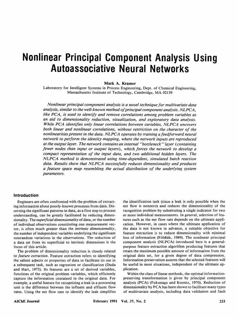 1991 - Nonlinear Principal Component Analysis Using Autoassociative Neural Networks - Kramer at ...