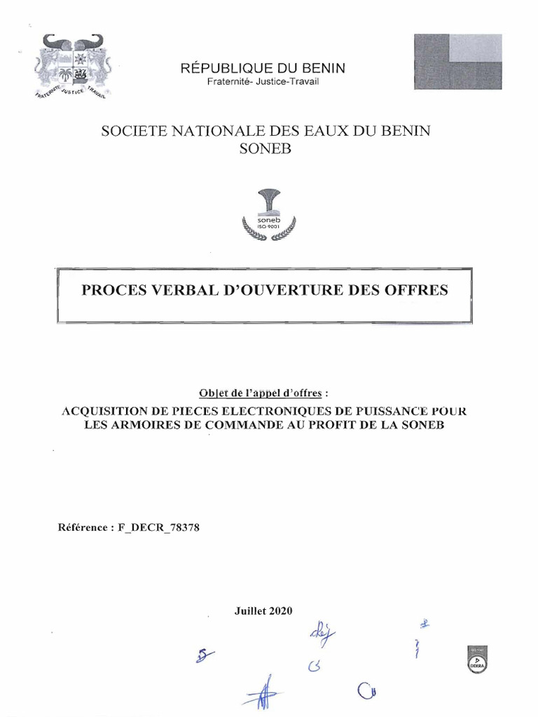 Procès-verbal d'ouverture des offres SONEB | PDF