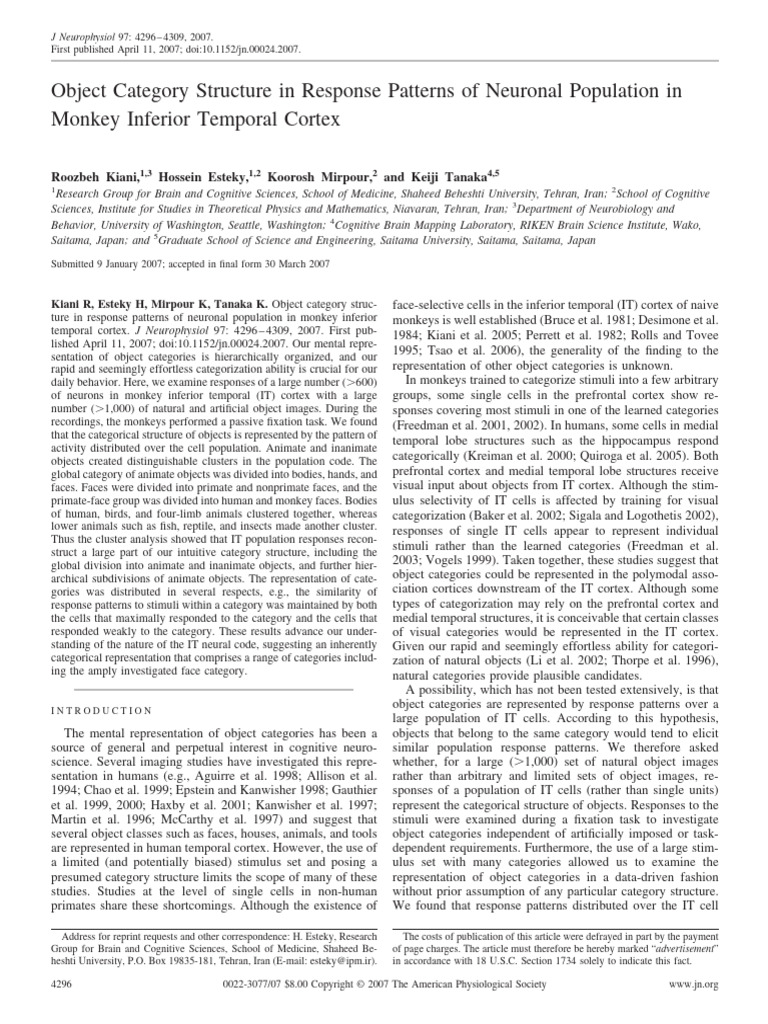 2007 - Object Category Structure in Response Patterns of Neuronal Population in Monkey Inferior ...