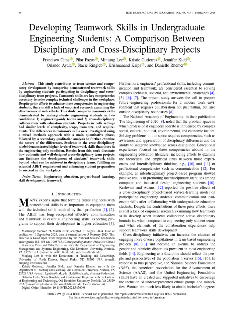 Developing Teamwork Skills in Undergraduate Engineering Students A ...