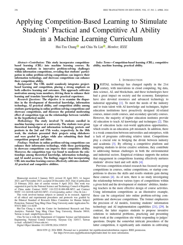 Applying Competition-Based Learning To Stimulate Students Practical and Competitive AI Ability ...