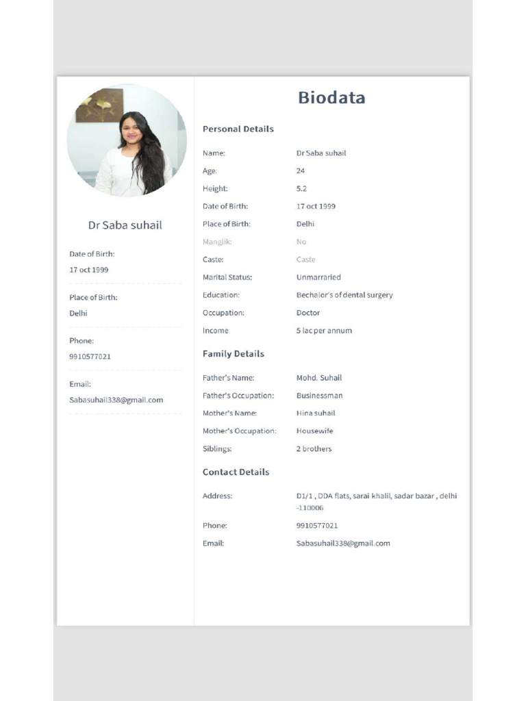 Saba's Biodata | PDF