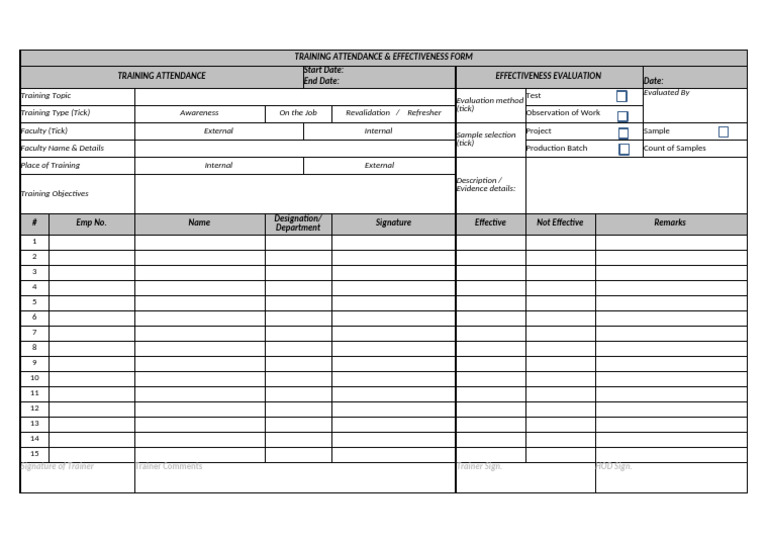 Training Attendance & Effectiveness Form - Rev-0 | PDF