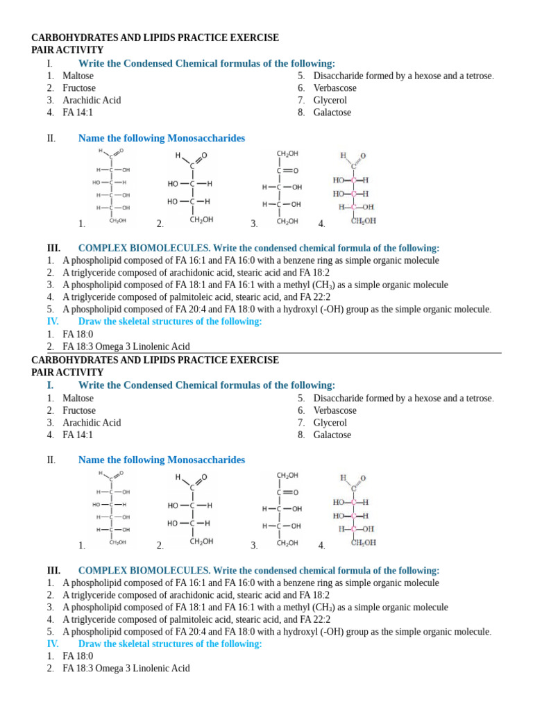 Carbohydrates and Lipids Formulas Exercise | PDF