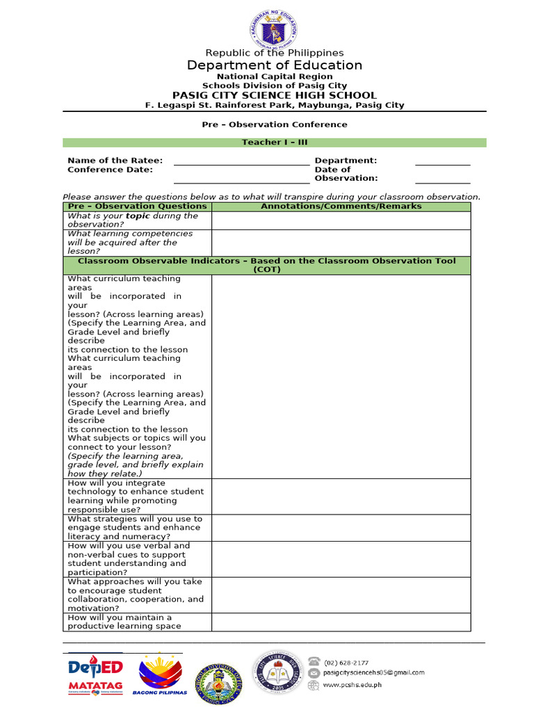 Pre-Observation Conference Guide for Teachers | PDF | Learning | Human ...