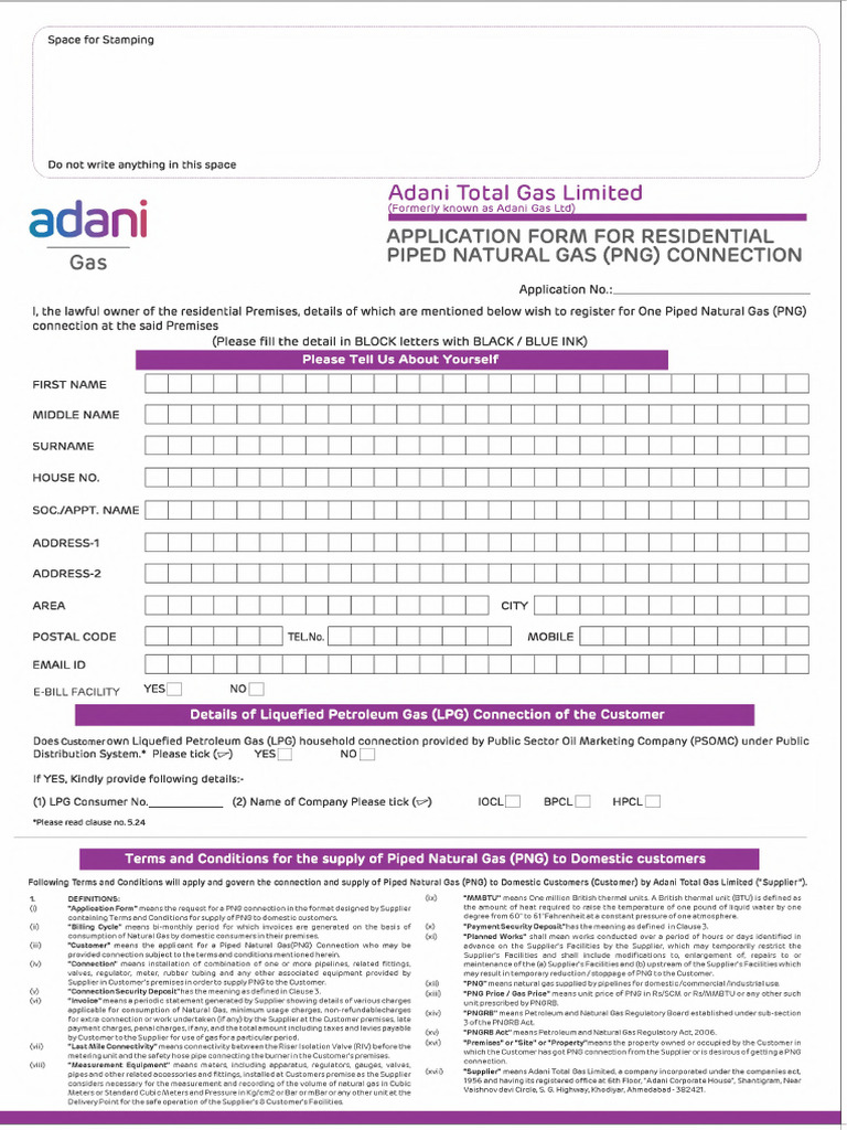 Domestic Application Form Adani Gas | PDF