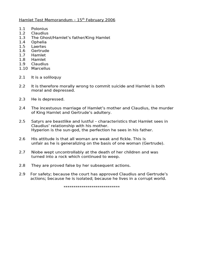 Hamlet Test Memorandum 2006 | PDF