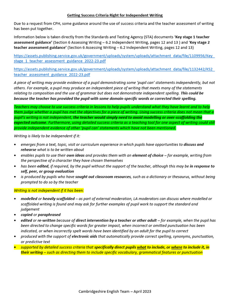 Success Criteria for Independent Writing | PDF | Educational Assessment ...