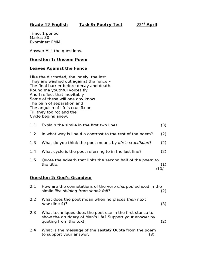 Grade 12 Poetry Test Questions | PDF | Poetry