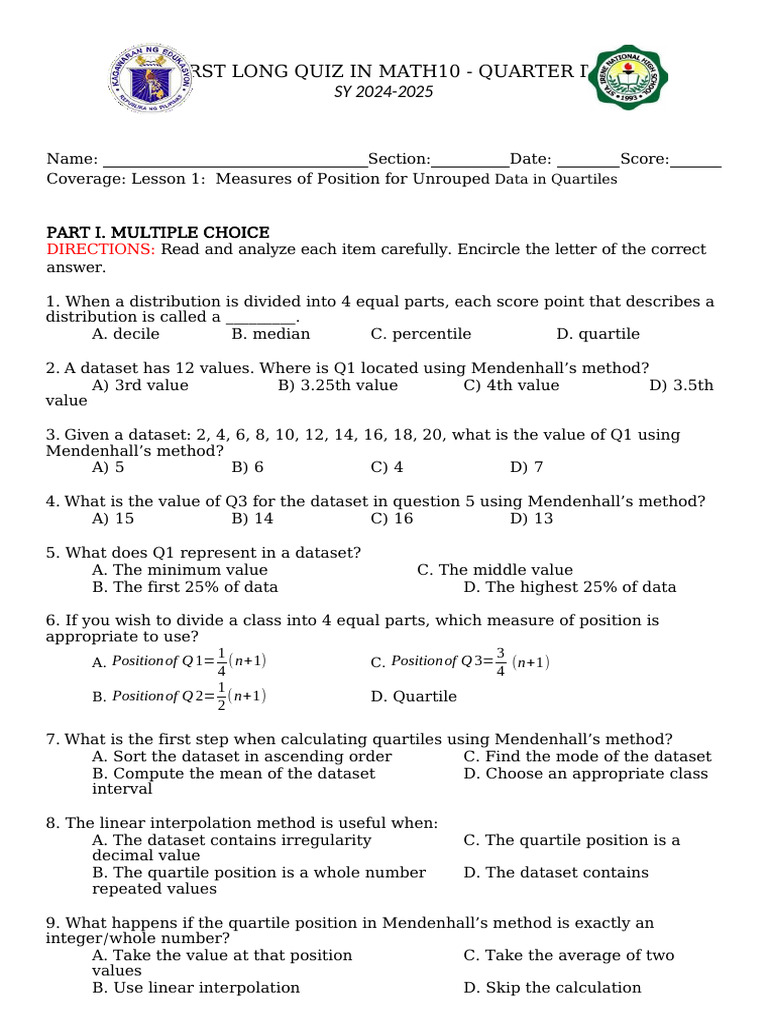 1ST LONG QUIZ-4th Quarter - Quartiles | PDF | Quartile | Mathematics