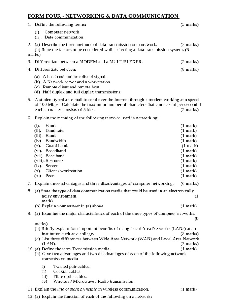 Form Four Topic 1 Questions | PDF | Computer Network | Network Topology