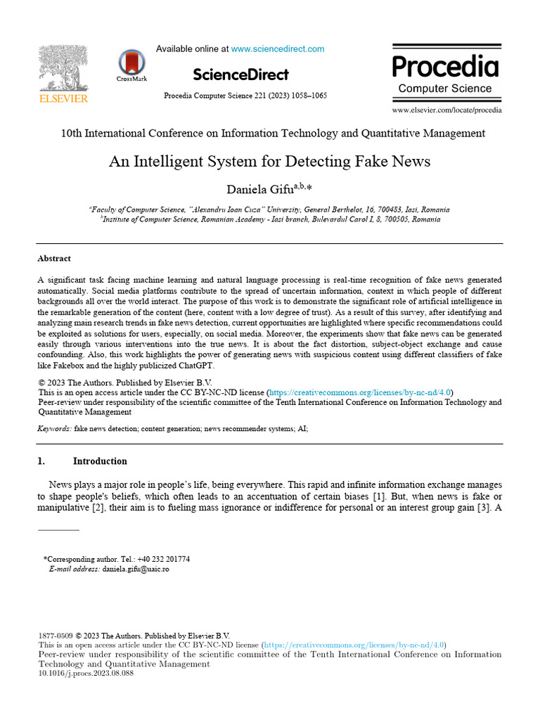 An Intelligent System For Detecting Fake News | PDF | Computational ...