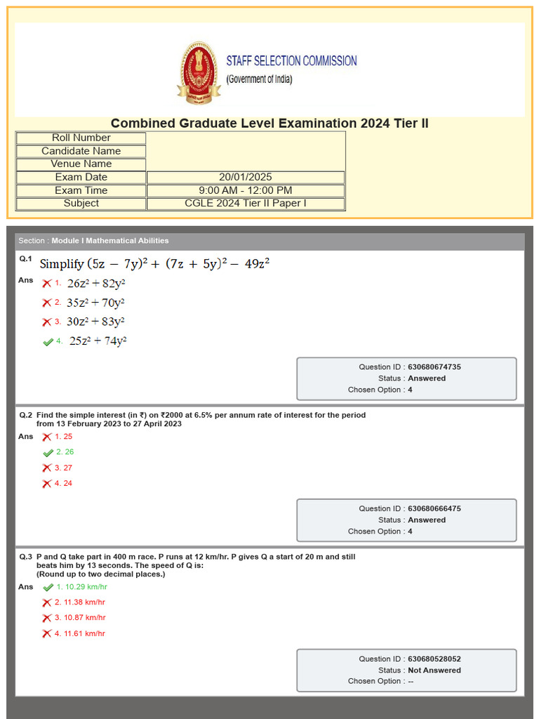 20 January SSC CGL 2024 Mains Final Answer Keys | PDF | Question | Area
