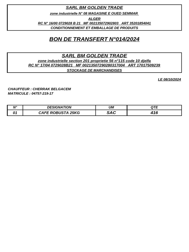 Bon de Transfert SARL BM Golden Trade | PDF