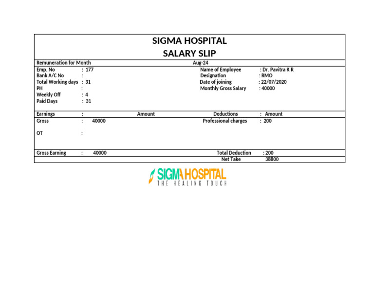 Sigma Hospital Salary Slip - Aug 2024 | PDF