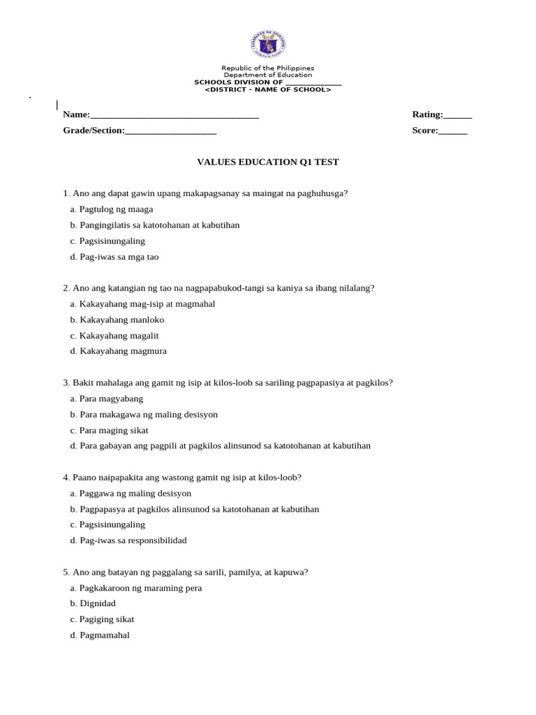 Grade 7 Values Q1 Test | PDF