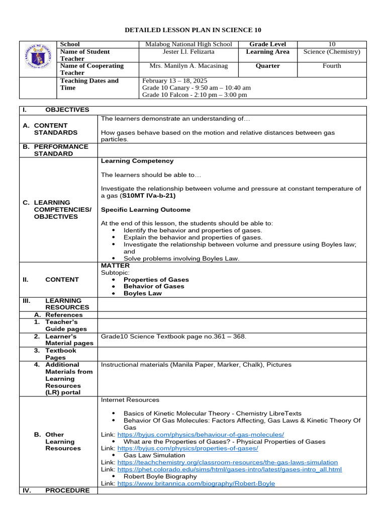 DLP 10 - Properties and Behavior of Gas Ft. Boyle's Law | PDF | Gases | Pascal (Unit)