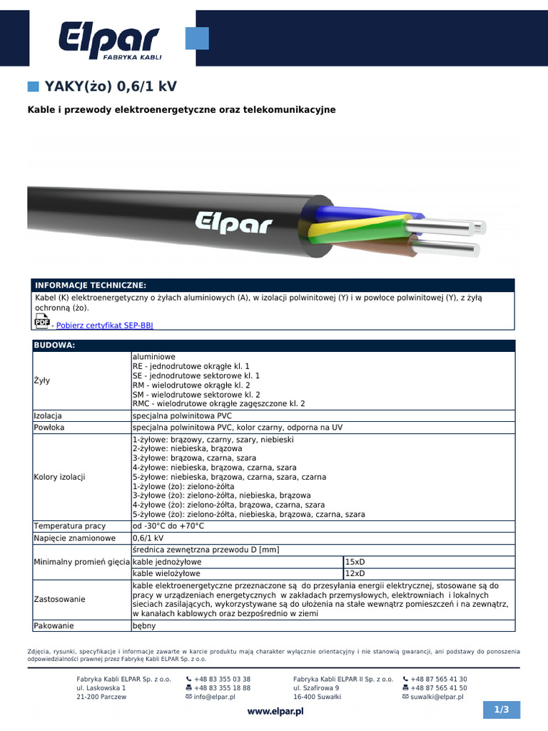 Karta Katalogowa - Kabel Elektroenergetyczny YAKY (Żo) 0,6 - 1 KV | PDF