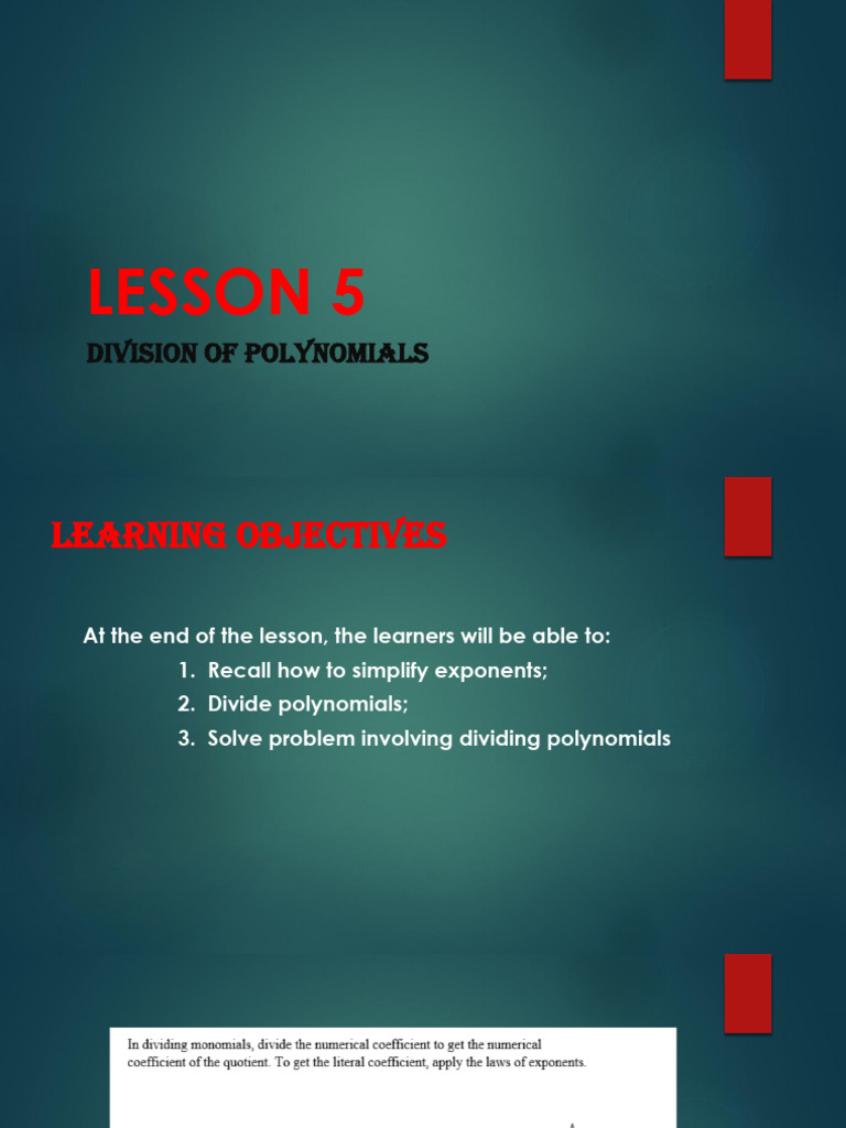 LESSON 5 Division of Polynomials by Monomial | PDF