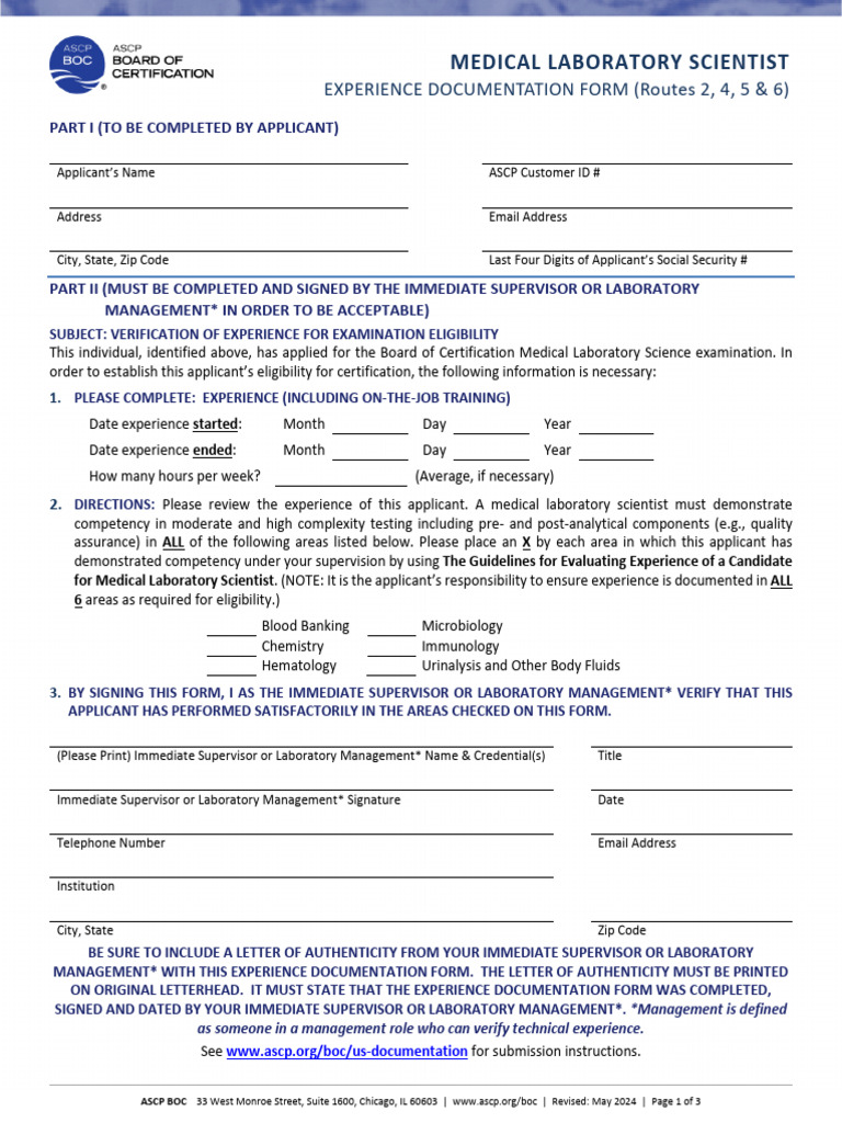 ASCP MLS Experience Documentation Form | PDF | Medical Laboratory ...